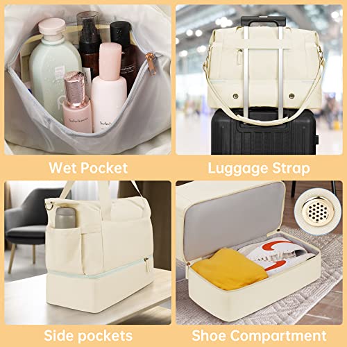 Weekender Bag for Women, Travel Bag with Shoe Compartment & USB Charging Port, Gym Bag with Wet Compartment, Overnight Duffel Bag Hospital Bag for Women Travel Sports Shopping (Off White)