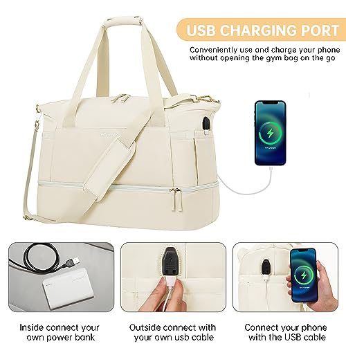 Weekender Bag for Women, Travel Bag with Shoe Compartment & USB Charging Port, Gym Bag with Wet Compartment, Overnight Duffel Bag Hospital Bag for Women Travel Sports Shopping (Off White)