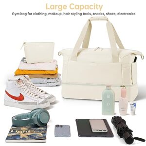 Weekender Bag for Women, Travel Bag with Shoe Compartment & USB Charging Port, Gym Bag with Wet Compartment, Overnight Duffel Bag Hospital Bag for Women Travel Sports Shopping (Off White)