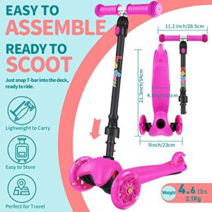 BELEEV A1 Scooter for Kids Ages 2-6, 3 Wheel Scooter for Toddlers Girls Boys, PU Light-Up Wheels, 4 Adjustable Height, Lean to Steer, Non-Slip Deck, Three Wheel Kick Push Scooter for Children (Pink)