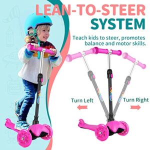 BELEEV A1 Scooter for Kids Ages 2-6, 3 Wheel Scooter for Toddlers Girls Boys, PU Light-Up Wheels, 4 Adjustable Height, Lean to Steer, Non-Slip Deck, Three Wheel Kick Push Scooter for Children (Pink)