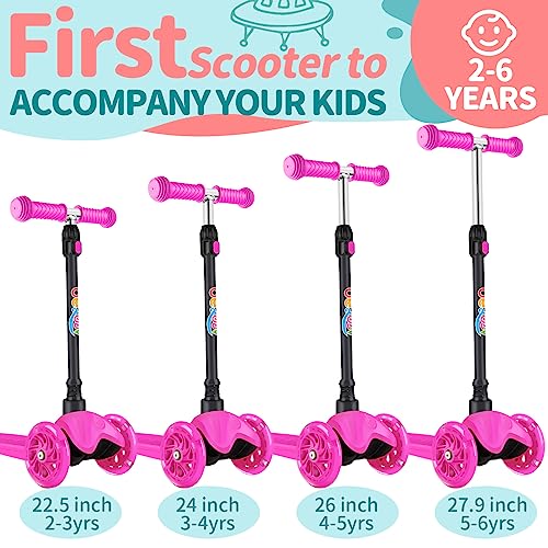 BELEEV A1 Scooter for Kids Ages 2-6, 3 Wheel Scooter for Toddlers Girls Boys, PU Light-Up Wheels, 4 Adjustable Height, Lean to Steer, Non-Slip Deck, Three Wheel Kick Push Scooter for Children (Pink)