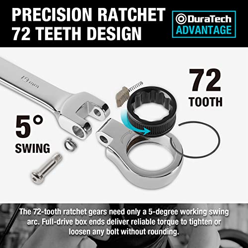 DURATECH 12-Piece Flex-Head Ratcheting Combination Wrench Set, 72-Tooth, Metric, 8-19mm, Cr-v Steel, Organized in Storage Case