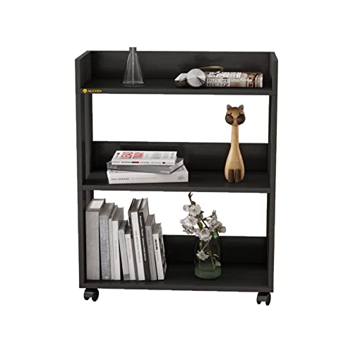 MIN WIN 3 Tier Open Bookshelf,Small Bookshelves Storage Display Shelf with Universal Wheels,Movable Standing Shelf Units,Wood Storage Rack for Small Spaces Home Office Bookcases Book Shelves, Black