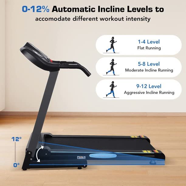 Automatic Incline Treadmill 12-Levels Treadmills Foladable Electric Motorized Running Machine Exercise Equipment 2.5HP Treadmill Running Walking Machine Work for Home Fitness Workout Use Blue