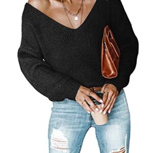 CUPSHE Women's V Neck Knit Sweaters Casual Pullover Oversized Fit Top with Long Sleeves, Black M