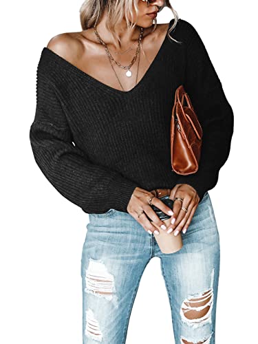 CUPSHE Women's V Neck Knit Sweaters Casual Pullover Oversized Fit Top with Long Sleeves, Black M