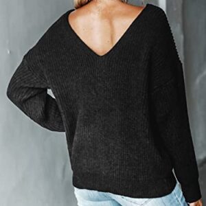 CUPSHE Women's V Neck Knit Sweaters Casual Pullover Oversized Fit Top with Long Sleeves, Black M