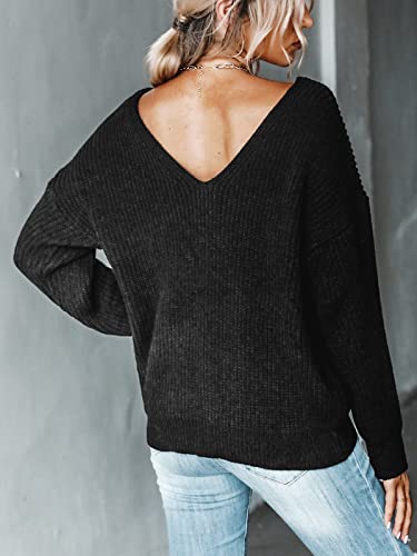 CUPSHE Women's V Neck Knit Sweaters Casual Pullover Oversized Fit Top with Long Sleeves, Black M