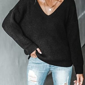 CUPSHE Women's V Neck Knit Sweaters Casual Pullover Oversized Fit Top with Long Sleeves, Black M