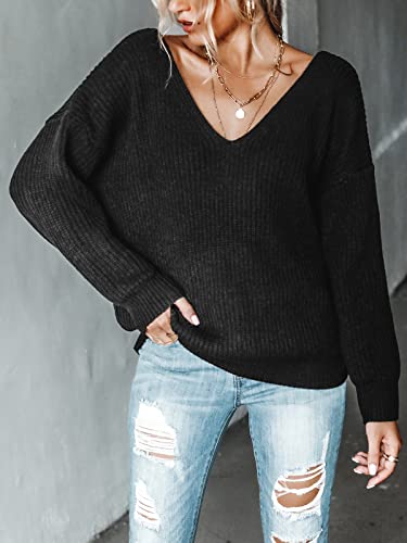 CUPSHE Women's V Neck Knit Sweaters Casual Pullover Oversized Fit Top with Long Sleeves, Black M