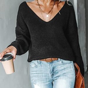 CUPSHE Women's V Neck Knit Sweaters Casual Pullover Oversized Fit Top with Long Sleeves, Black M