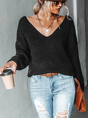 CUPSHE Women's V Neck Knit Sweaters Casual Pullover Oversized Fit Top with Long Sleeves, Black M