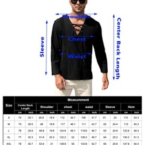 TURETRENDY Men's Cotton Linen Henley Shirt Lace Up Long Sleeve V Neck Casual Beach Hippie Shirts Black 3XL