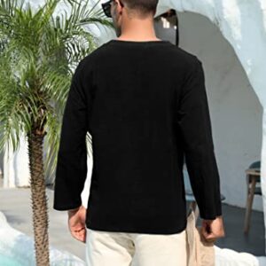 TURETRENDY Men's Cotton Linen Henley Shirt Lace Up Long Sleeve V Neck Casual Beach Hippie Shirts Black 3XL