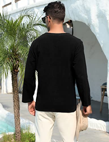 TURETRENDY Men's Cotton Linen Henley Shirt Lace Up Long Sleeve V Neck Casual Beach Hippie Shirts Black 3XL