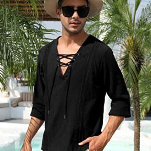 TURETRENDY Men's Cotton Linen Henley Shirt Lace Up Long Sleeve V Neck Casual Beach Hippie Shirts Black 3XL