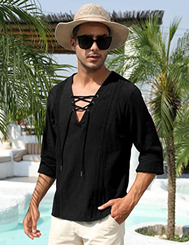 TURETRENDY Men's Cotton Linen Henley Shirt Lace Up Long Sleeve V Neck Casual Beach Hippie Shirts Black 3XL