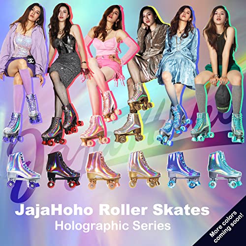 JajaHoho Roller Skates for Women, Holographic High Top Faux Leather Rollerskates, Shiny Double-Row Four Wheels Quad Skates for Girls Age 8-50 Indoor Outdoor (Mint Green, Size 9)