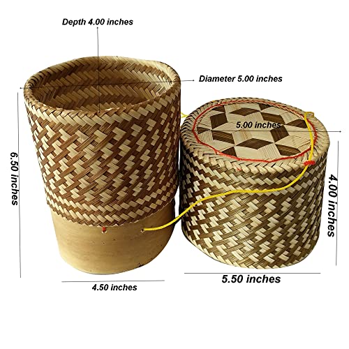 Heavens Tvcz Bamboo Sticky Rice Serving Basket Handmade 100% Kratip Container Thai Laos Traditional Weave Wickerwork Based Travel Picnic Based Dye Food Safe Family Size 5.00 Inch Diameter