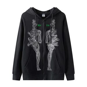 weetiotio halloween vintage skeleton zip up hoodies for women aesthetic cyber y2k goth jacket grunge skull coat streetwear (black,m,medium)