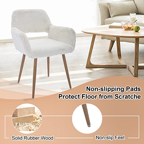 HomVent Modern Faux Fur Vanity Chair Elegant White Furry Makeup Desk Chairs for Girls Women Comfy Fluffy Arm Chair with Wood Metal Legs Cute Desk Chair for Bedroom Living Room Home Office Makeup