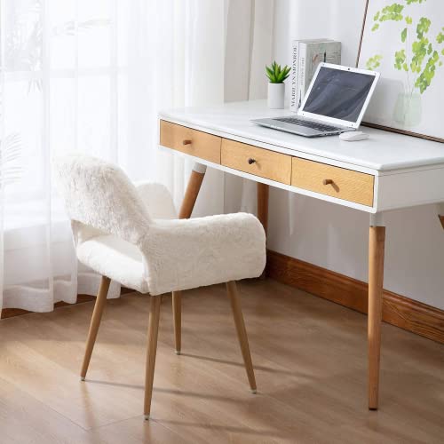 HomVent Modern Faux Fur Vanity Chair Elegant White Furry Makeup Desk Chairs for Girls Women Comfy Fluffy Arm Chair with Wood Metal Legs Cute Desk Chair for Bedroom Living Room Home Office Makeup