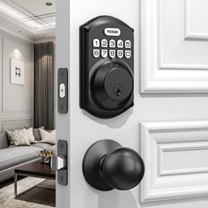 teeho te001k keyless entry door lock with handle - electronic keypad deadbolt with door knob - deadbolt smart lock for front door - auto lock - easy installation - matte black