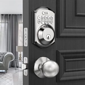 teeho te001k keyless entry door lock with handle - electronic keypad deadbolt with door knob - deadbolt smart lock for front door - auto lock - easy installation - satin nickel