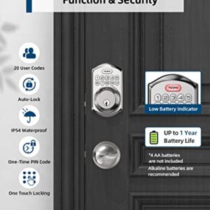 TEEHO TE001K Keyless Entry Door Lock with Handle - Electronic Keypad Deadbolt with Door Knob - Deadbolt Smart Lock for Front Door - Auto Lock - Easy Installation - Satin Nickel