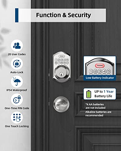 TEEHO TE001K Keyless Entry Door Lock with Handle - Electronic Keypad Deadbolt with Door Knob - Deadbolt Smart Lock for Front Door - Auto Lock - Easy Installation - Satin Nickel