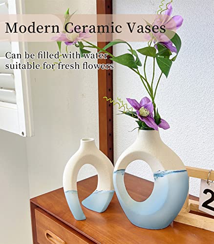 GOLDTIMO White Ceramic Vase, Modern Home Décor Vase Set of 2, Circle Matte Hollow Donut Pampas Flower Vases Nordic Boho Ins Style for Wedding Dinner Table Living Room Office Bedroom décor