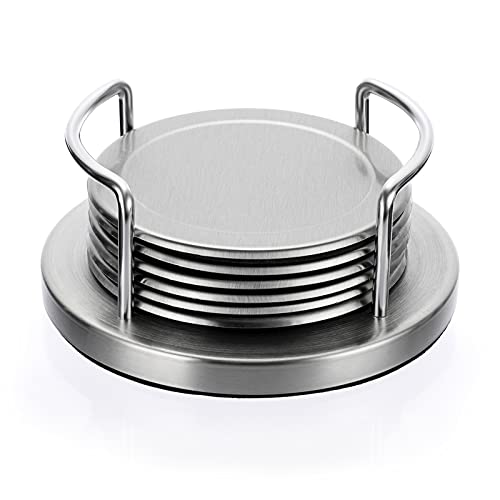 JUXYES Set of 6 Stainless Steel Round Coasters with Holder & Sponge Bottom, Silver Metal Cup Coasters Set Stunning Cool Coaster Cups Mats Decor for Restaurant Kitchen bar Dining Table