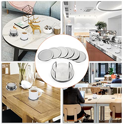 JUXYES Set of 6 Stainless Steel Round Coasters with Holder & Sponge Bottom, Silver Metal Cup Coasters Set Stunning Cool Coaster Cups Mats Decor for Restaurant Kitchen bar Dining Table