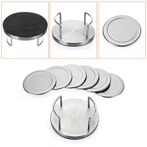 JUXYES Set of 6 Stainless Steel Round Coasters with Holder & Sponge Bottom, Silver Metal Cup Coasters Set Stunning Cool Coaster Cups Mats Decor for Restaurant Kitchen bar Dining Table