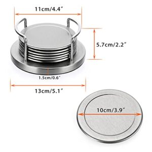 JUXYES Set of 6 Stainless Steel Round Coasters with Holder & Sponge Bottom, Silver Metal Cup Coasters Set Stunning Cool Coaster Cups Mats Decor for Restaurant Kitchen bar Dining Table