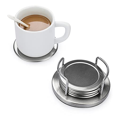 JUXYES Set of 6 Stainless Steel Round Coasters with Holder & Sponge Bottom, Silver Metal Cup Coasters Set Stunning Cool Coaster Cups Mats Decor for Restaurant Kitchen bar Dining Table