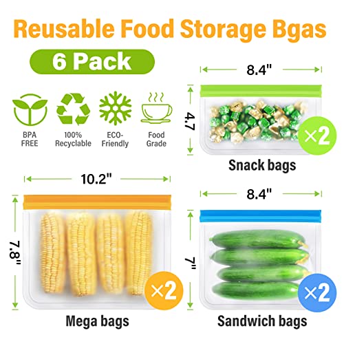 Reusable Food Storage Bags, 6 Pack BPA Free Reusable Freezer Bags, Extra Thick Leakproof Resealable Silicone Lunch Food Bags for Meat Veggies 2 Gallon Bags 2 Sandwich Bags 2 Snack Bags