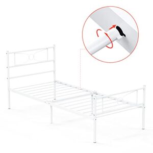 Twin Bed Frames No Box Spring Need Metal Platform Bed 12 Inch Mattress Foundation Single Beds with Headboard and Footboard,White