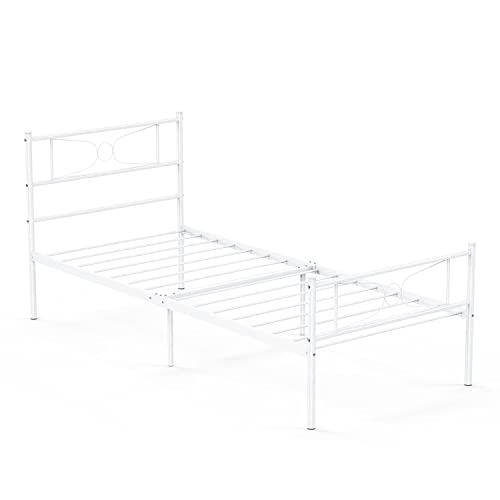 Twin Bed Frames No Box Spring Need Metal Platform Bed 12 Inch Mattress Foundation Single Beds with Headboard and Footboard,White