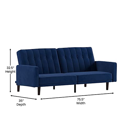 Flash Furniture Carter Premium Tufted Split Back Sofa Futon -Navy Velvet Upholstery - Solid Wood Legs - Convertible Sleeper Couch for Small Spaces