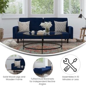 Flash Furniture Carter Premium Tufted Split Back Sofa Futon -Navy Velvet Upholstery - Solid Wood Legs - Convertible Sleeper Couch for Small Spaces