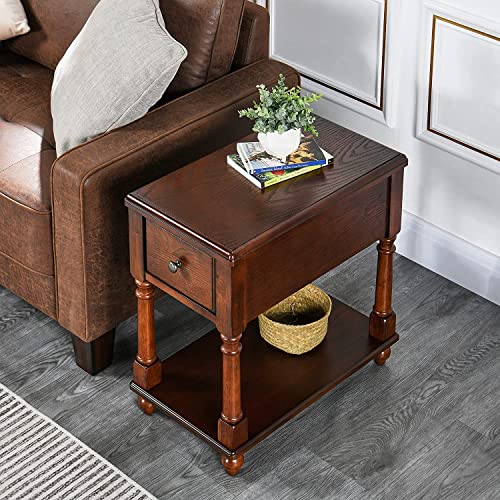 JESONVID Narrow Open End Table with Drawer, Solid Wood Side Table 2-Tier Skinny Table with Storage Shelves Slim Nightstand Small Sofa End Table for Living Room Bedroom-Cherry Walnut 004DWA