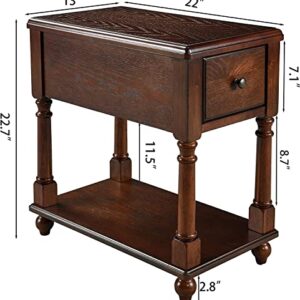 JESONVID Narrow Open End Table with Drawer, Solid Wood Side Table 2-Tier Skinny Table with Storage Shelves Slim Nightstand Small Sofa End Table for Living Room Bedroom-Cherry Walnut 004DWA