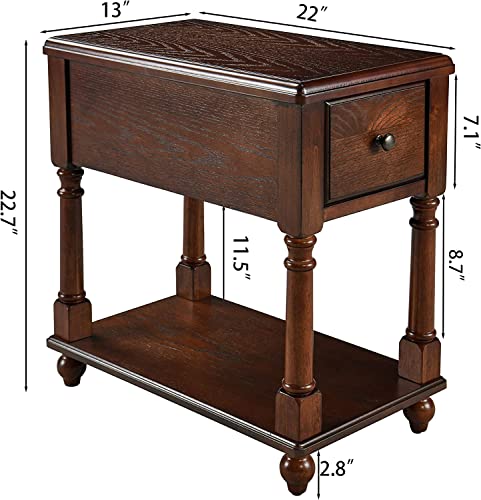 JESONVID Narrow Open End Table with Drawer, Solid Wood Side Table 2-Tier Skinny Table with Storage Shelves Slim Nightstand Small Sofa End Table for Living Room Bedroom-Cherry Walnut 004DWA