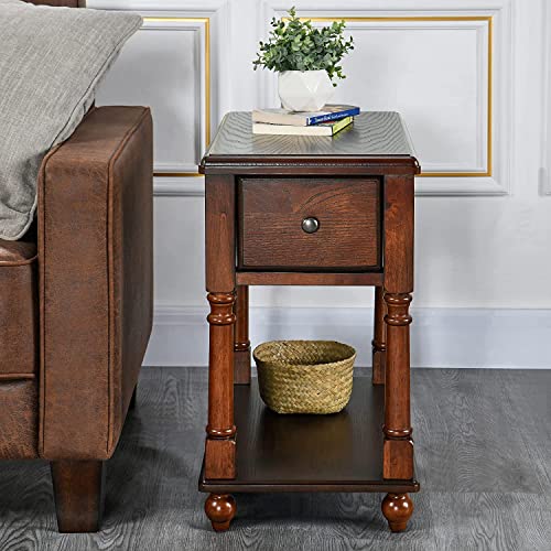 JESONVID Narrow Open End Table with Drawer, Solid Wood Side Table 2-Tier Skinny Table with Storage Shelves Slim Nightstand Small Sofa End Table for Living Room Bedroom-Cherry Walnut 004DWA