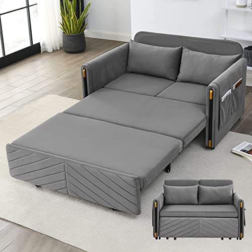 CALABASH Sofa Bed,Pull Out Couch Bed Sleeper Sofa,54" Modern Convertible Velvet Loveseat with 2 Pillows and Side Pockets, Small Love seat Sofa Bed w/Headboard for Living Room, Apartment (Grey)