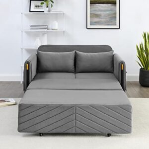 CALABASH Sofa Bed,Pull Out Couch Bed Sleeper Sofa,54" Modern Convertible Velvet Loveseat with 2 Pillows and Side Pockets, Small Love seat Sofa Bed w/Headboard for Living Room, Apartment (Grey)