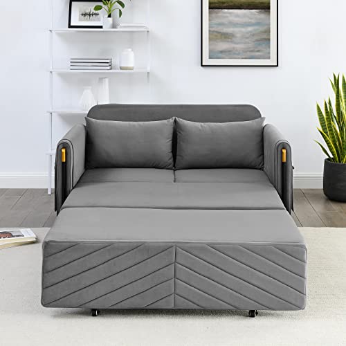 CALABASH Sofa Bed,Pull Out Couch Bed Sleeper Sofa,54" Modern Convertible Velvet Loveseat with 2 Pillows and Side Pockets, Small Love seat Sofa Bed w/Headboard for Living Room, Apartment (Grey)