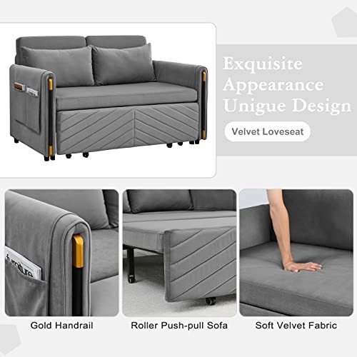 CALABASH Sofa Bed,Pull Out Couch Bed Sleeper Sofa,54" Modern Convertible Velvet Loveseat with 2 Pillows and Side Pockets, Small Love seat Sofa Bed w/Headboard for Living Room, Apartment (Grey)